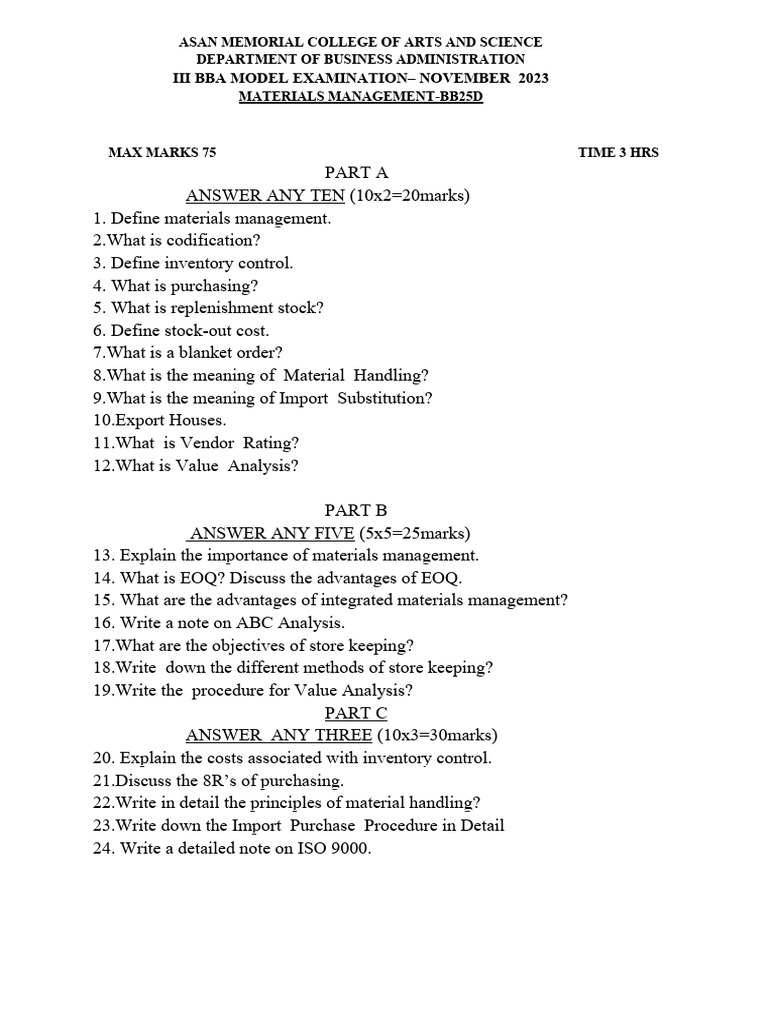 Model Examination-Material Management-Nov 2023 | PDF