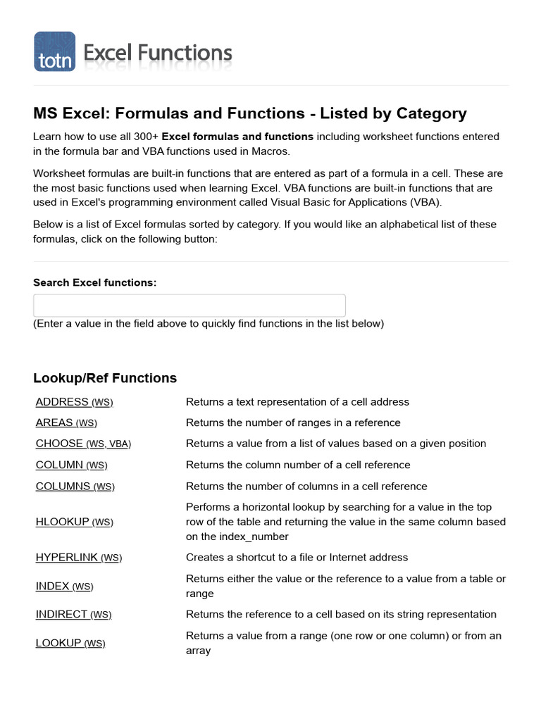 MS Excel - Formulas and Functions - Listed by Category | PDF ...