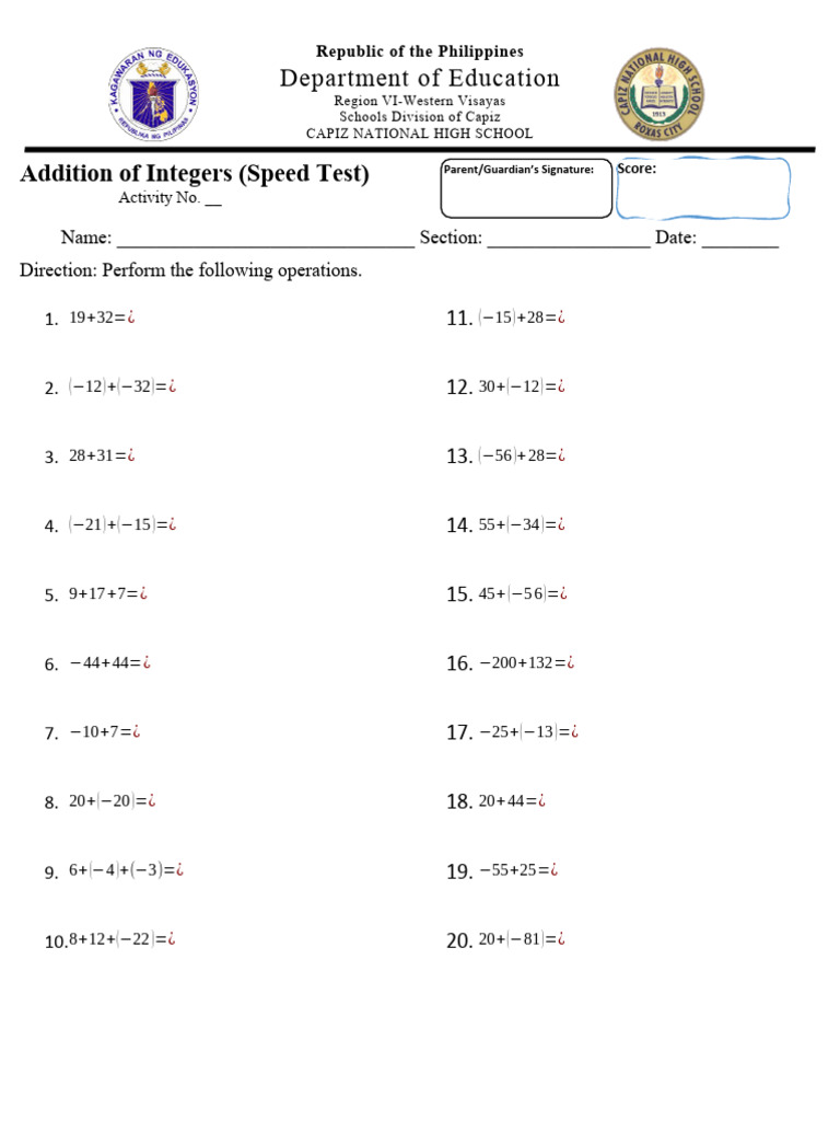 Addition Integers Speed Test | PDF