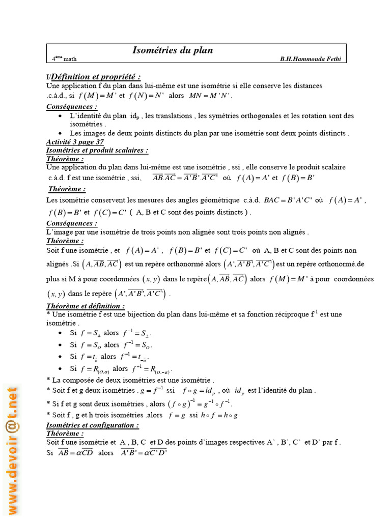 Cours Math - Isometries Du Plan - Bac Math MR Hammouda Fethi | PDF | Orthogonalité | Angle