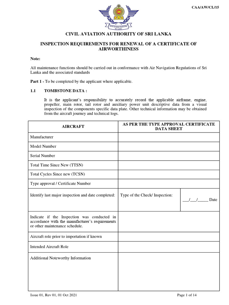 CAA-AW-CL-15 Renewal of Certificate of Airworthiness | PDF