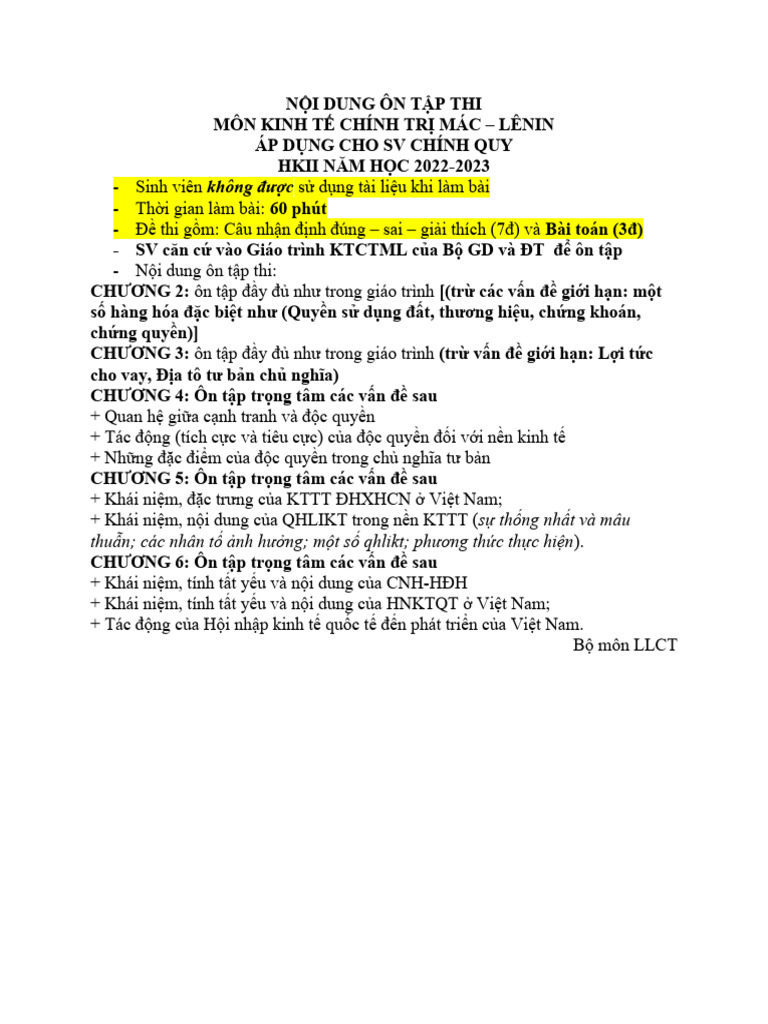 NỘI DUNG ÔN TẬP THI KTCTML - 2022-2023 | PDF