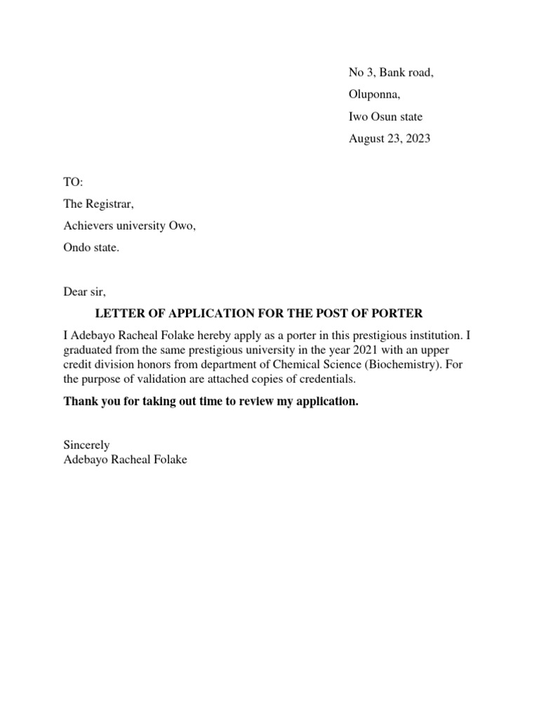 Application for Porter Position at University | PDF