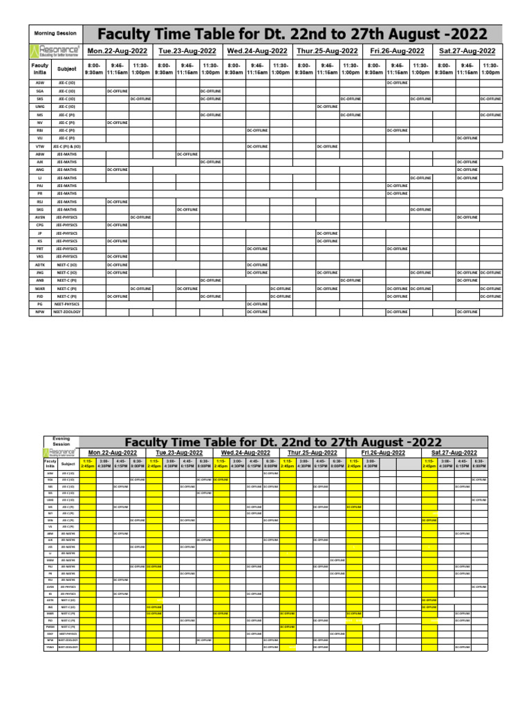 Faculty Timetable: Aug 22-27, 2022 | PDF