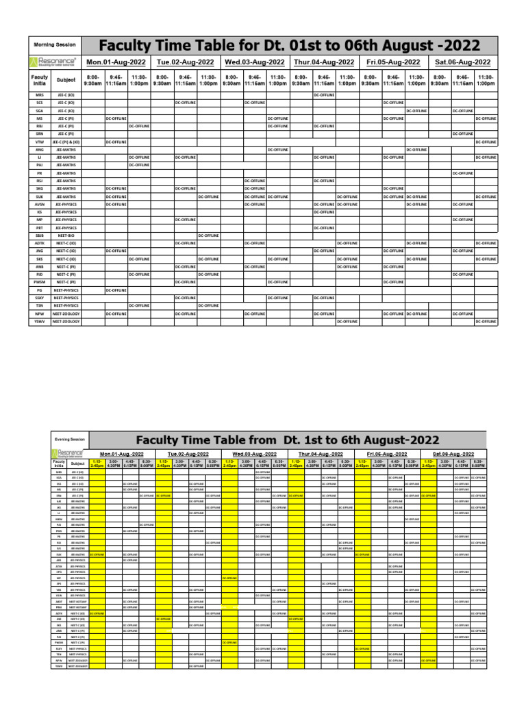 Doubt Class Time Table 01st To 06th August 2022 | PDF | Technology & Engineering