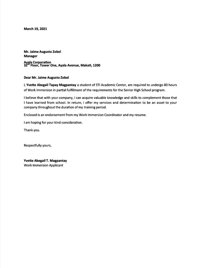 College Student Work Immersion Application | PDF