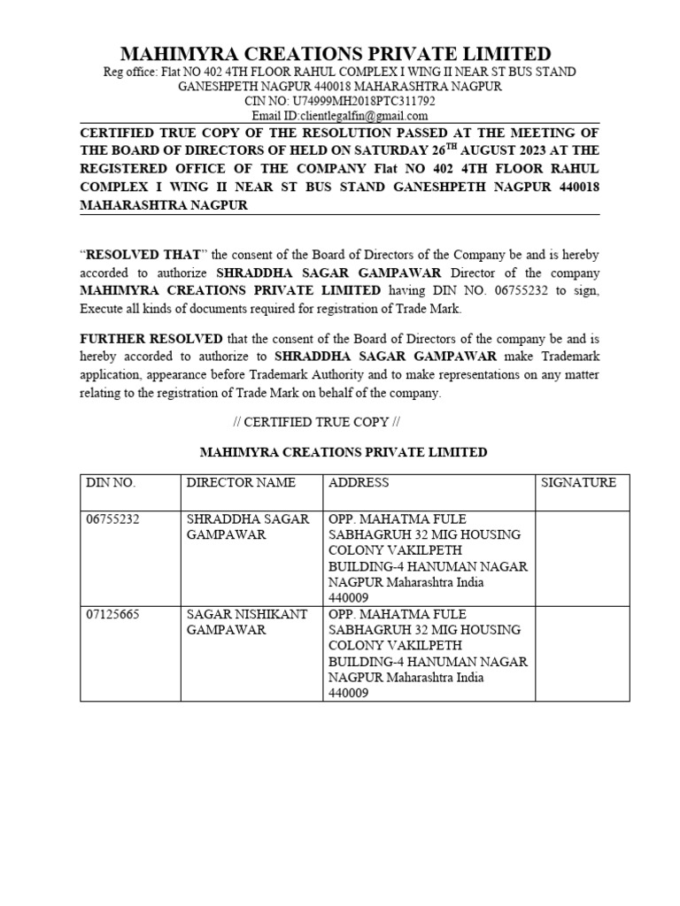BOARD RESOLUTION Format | PDF