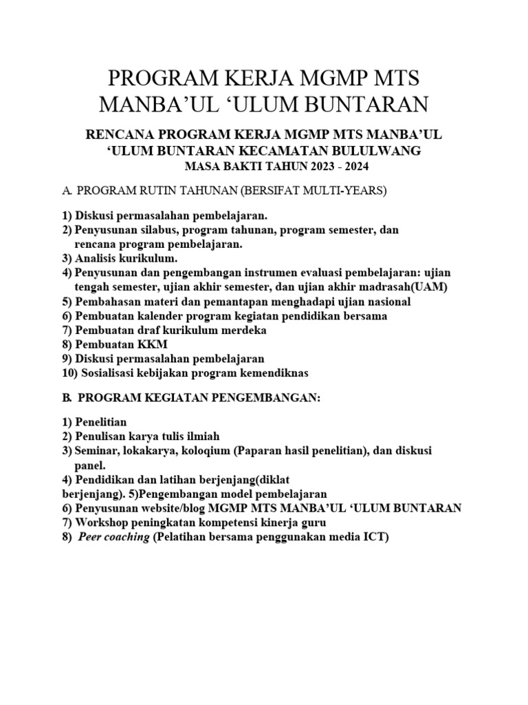 Contoh Program Kerja KKG Mi | PDF