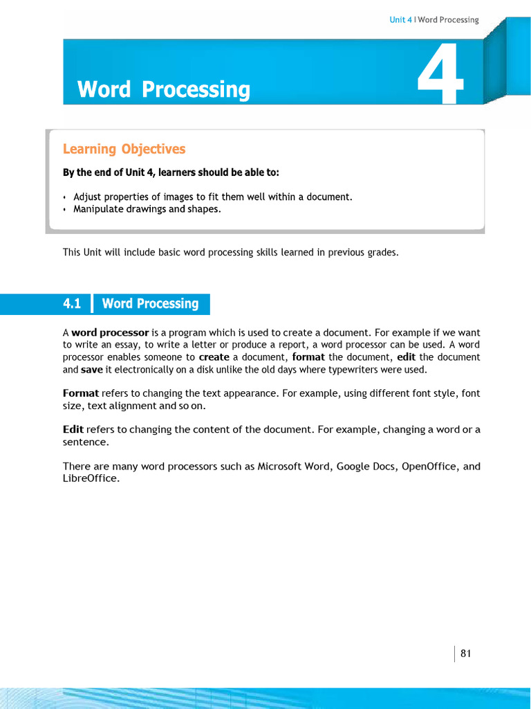 This Unit Will Include Basic Word Processing Skills Learned in Previous Grades | PDF