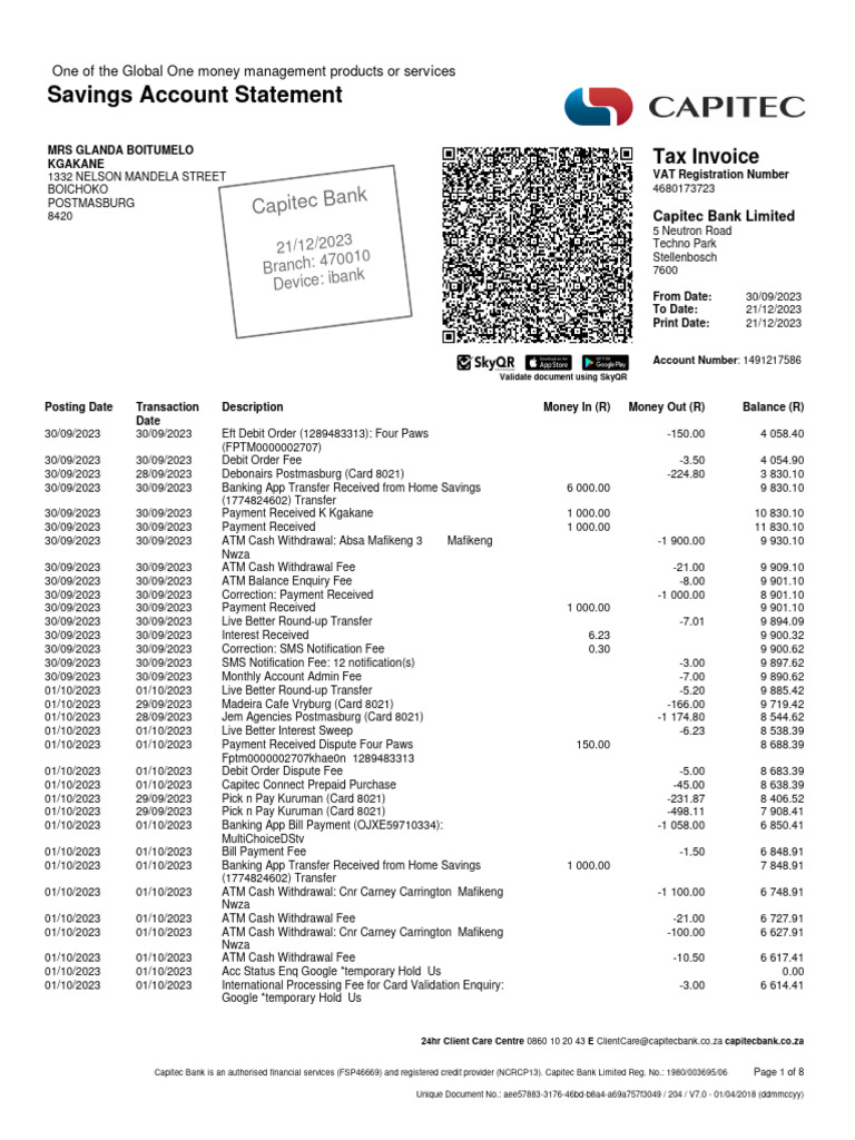 Capitec Bank Savings Statement | PDF