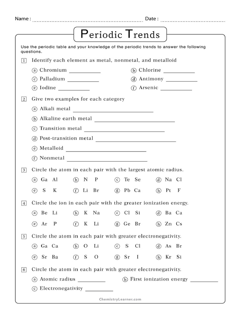 Worksheet Periodic Trends With Answers | PDF