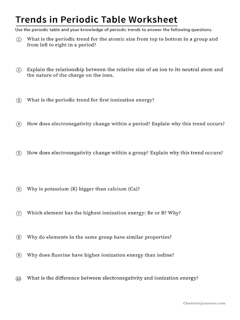 Periodic Trends Worksheet With Answers | PDF