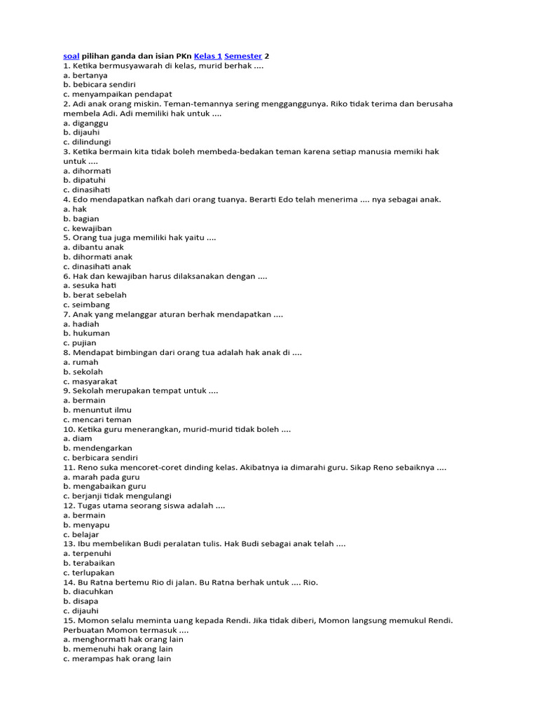 Soal PKN Kelas 1 | PDF | Olahraga & Rekreasi | Griya & Taman