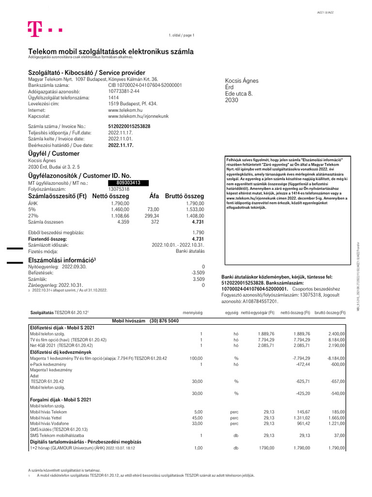 Telekom Mobil Szolgáltatások Elektronikus Számla | PDF