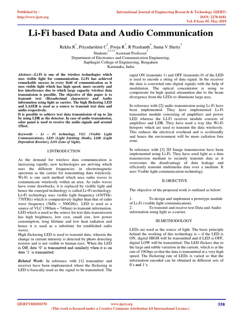 Li Fi Based Data and Audio Communication IJERTV8IS050370 | PDF | Radio ...