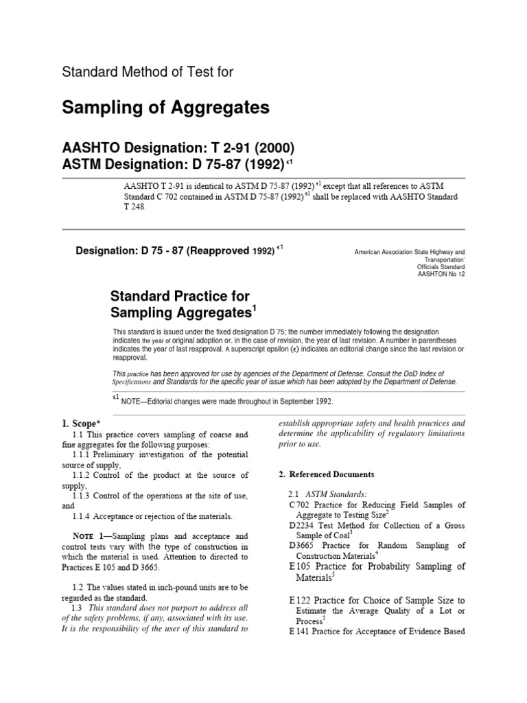 ASTM D75 87 Method of Test For Sampling | PDF