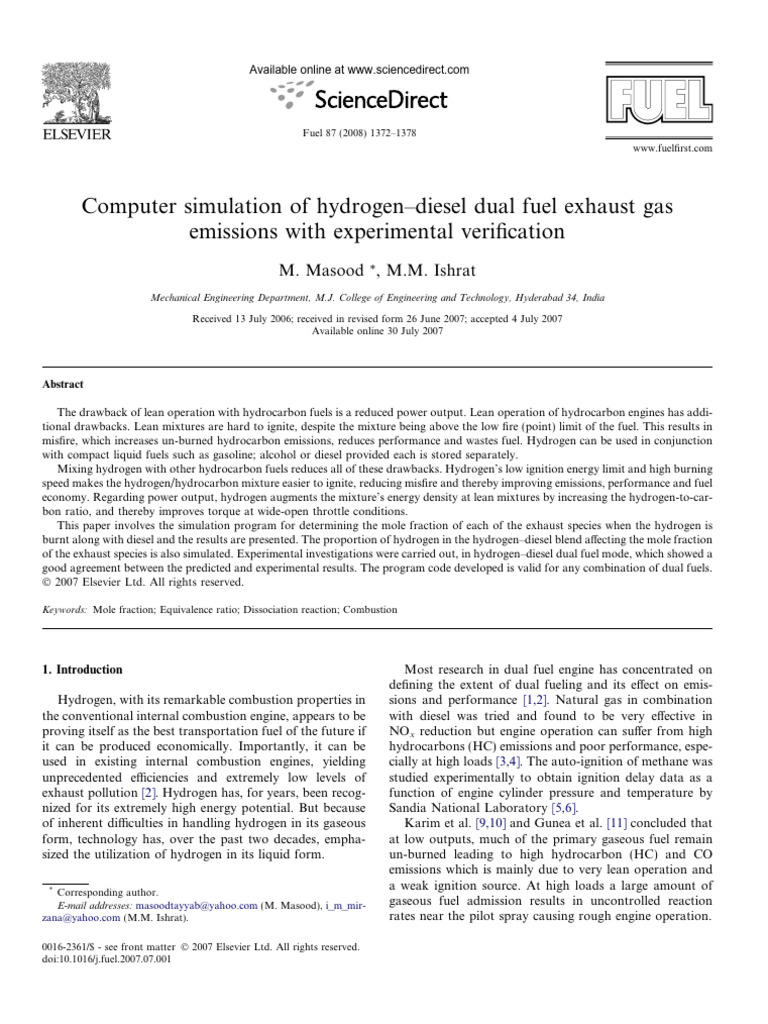 2008 - Computer Simulation of Hydrogen-Diesel Dual Fuel Exhaust | PDF