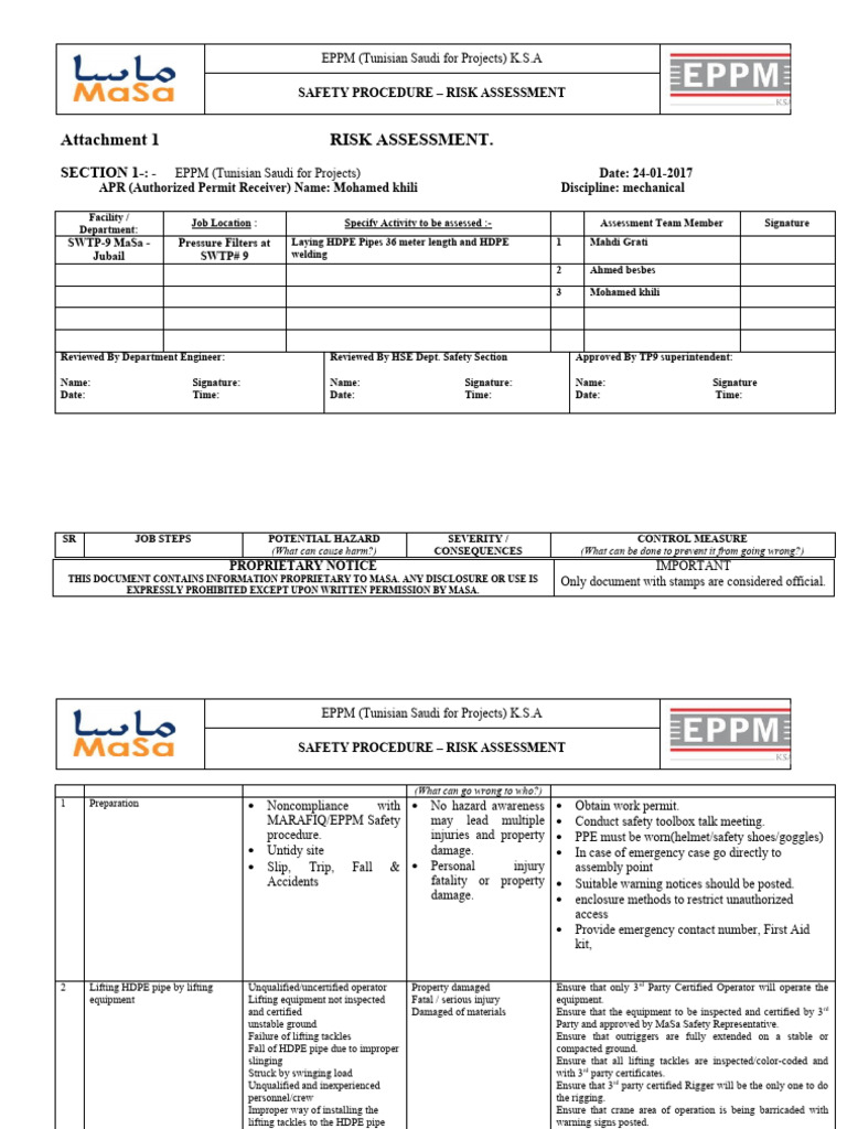 HDPE Pipe Installation Risk Assessment | PDF | Welding | Construction