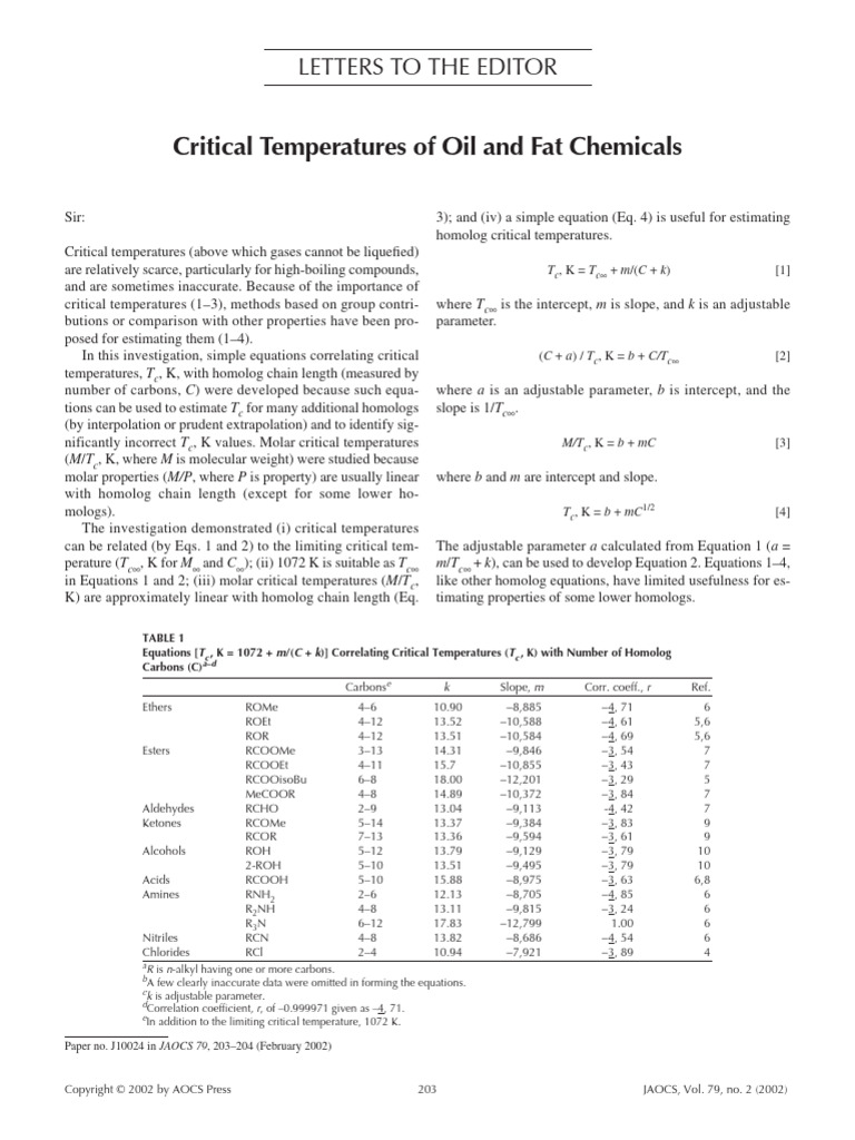 Critical Temperature of Oil and Fat Chemicals | PDF | Physical Sciences ...