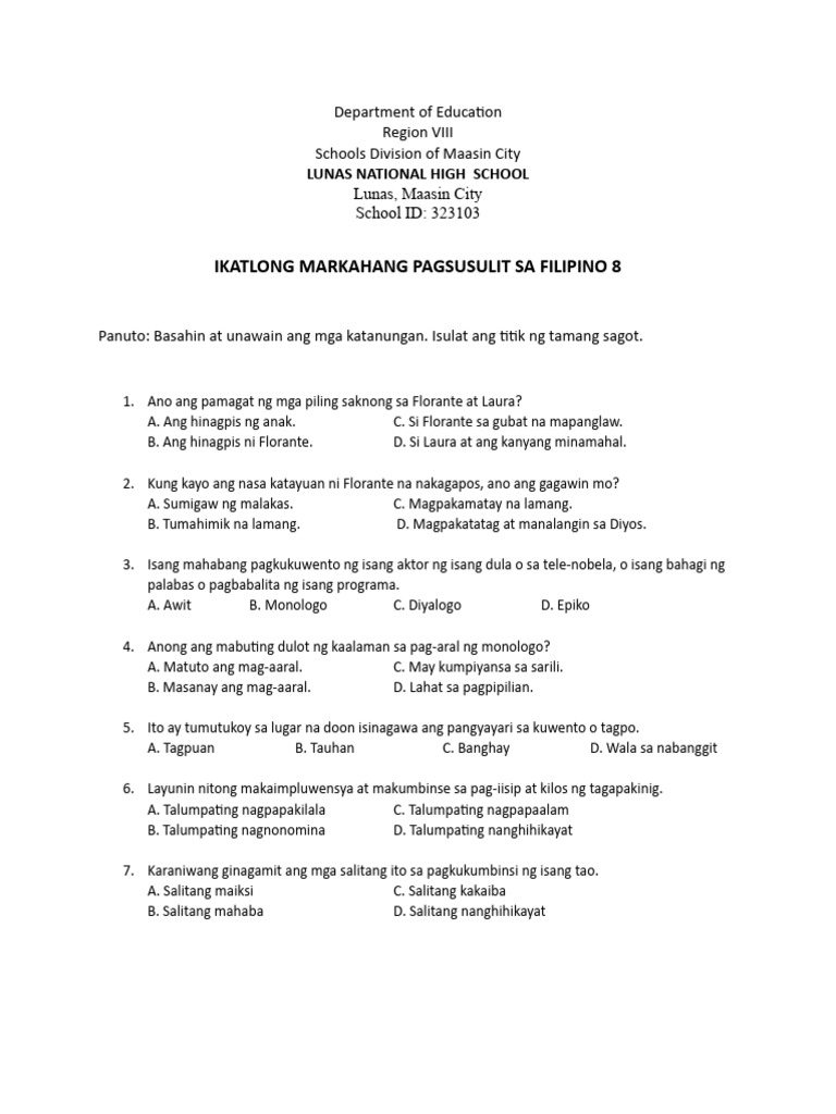 Ikaapatna Markahang Pagsusulit Sa Filipino 8 | PDF