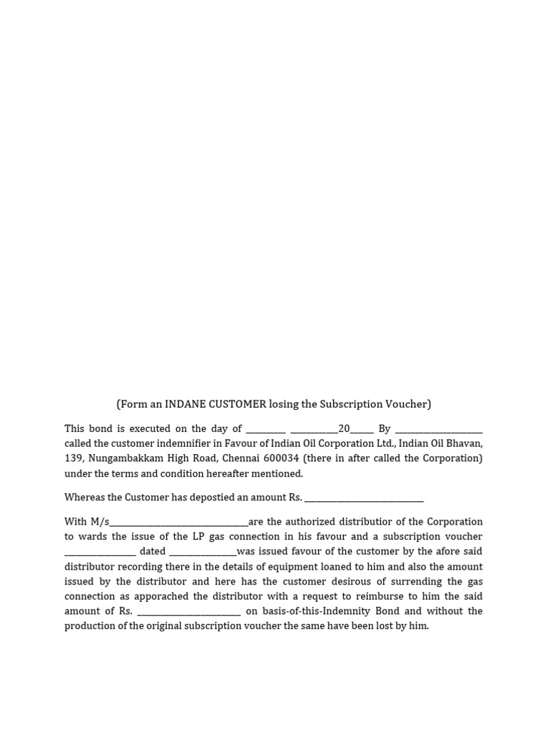 Indemnity Bond for Lost Indane Voucher | PDF
