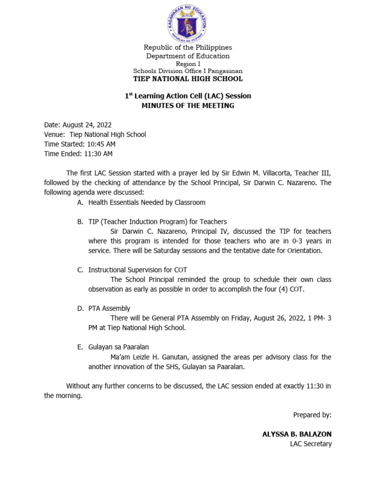 RPMS Lac Minutes of Meeting | PDF