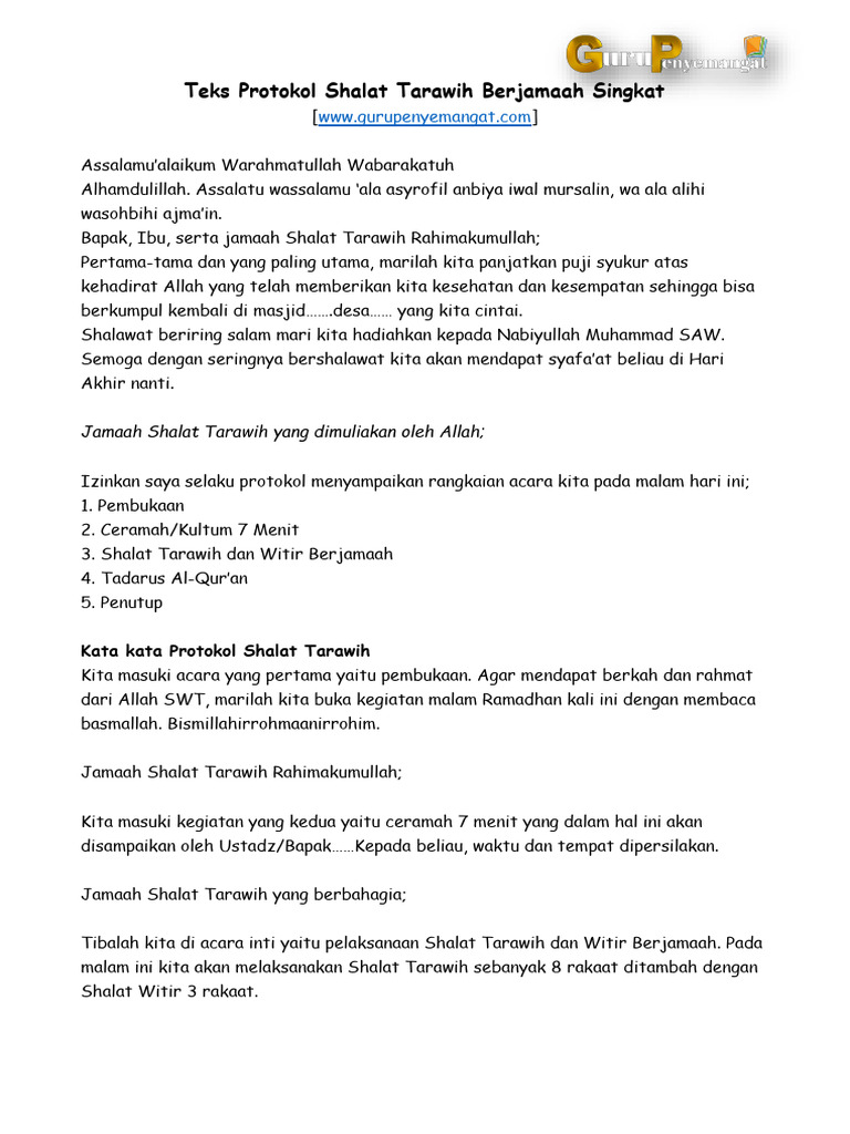 Teks Protokol Shalat Tarawih Berjamaah Singkat | PDF | Gaya Hidup