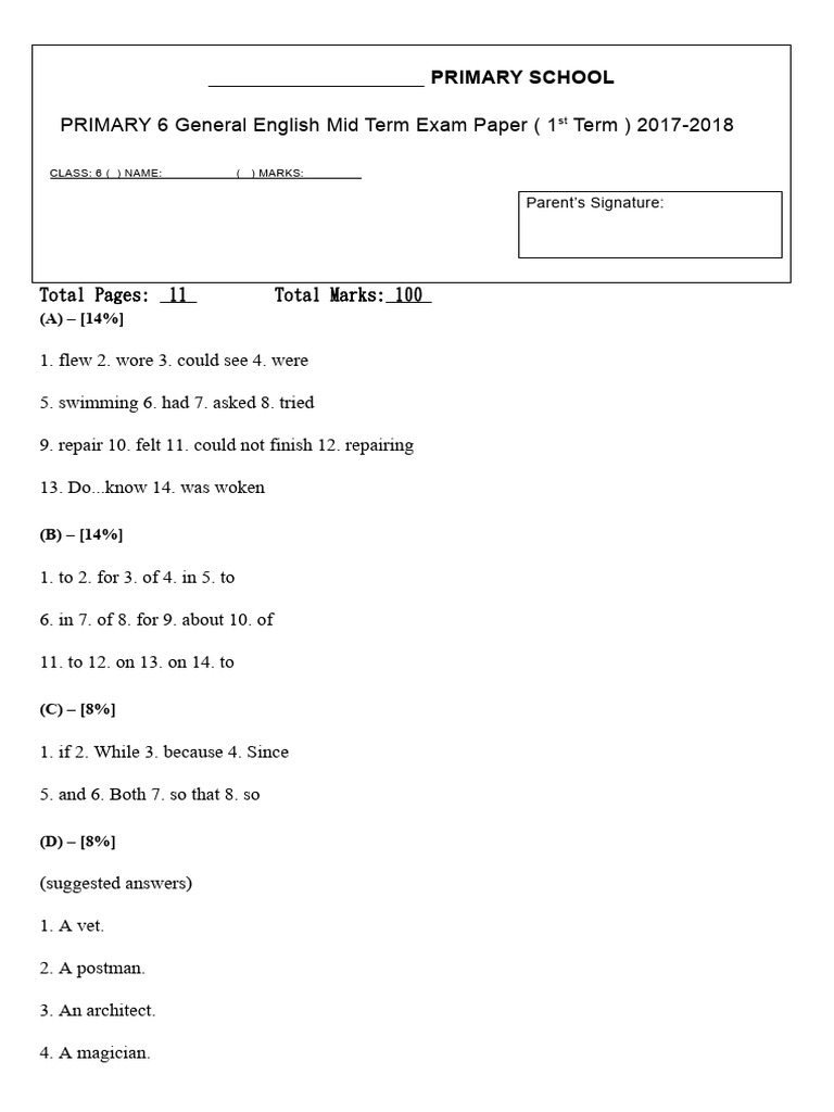 Primary 6 English Mid Term Exam 2017-18 | PDF | Language Arts & Discipline