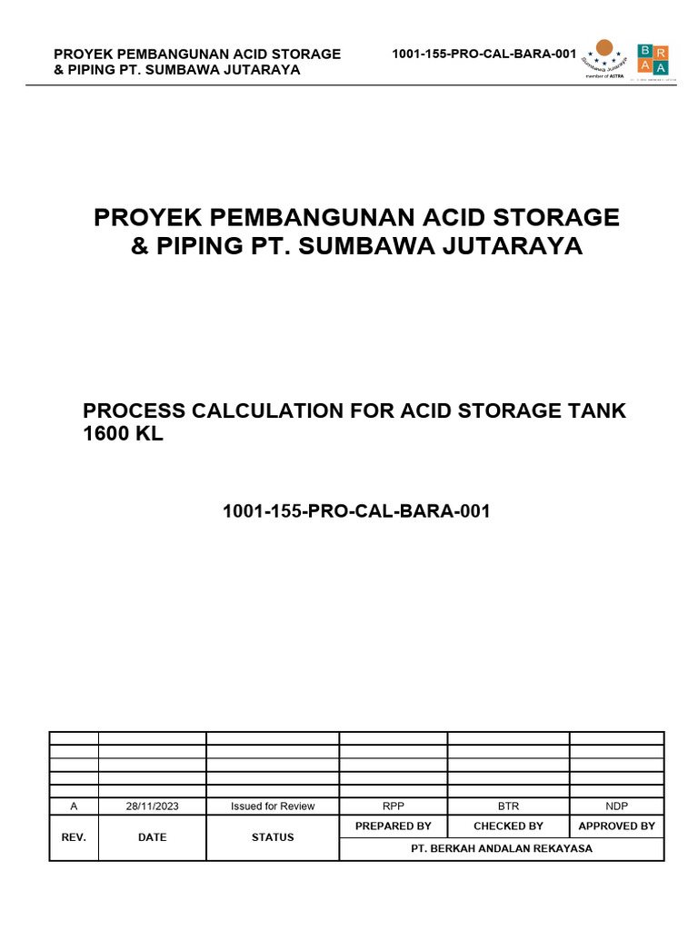 1001-155-PRO-CAL-BARA-001 - RevA (Process Calculation For Acid Storage Tank) | PDF