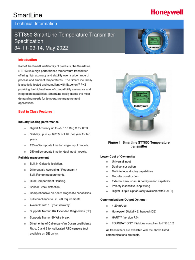 STT850 SmartLine Temperature Transmitter Specification 34-TT-03-14 ...