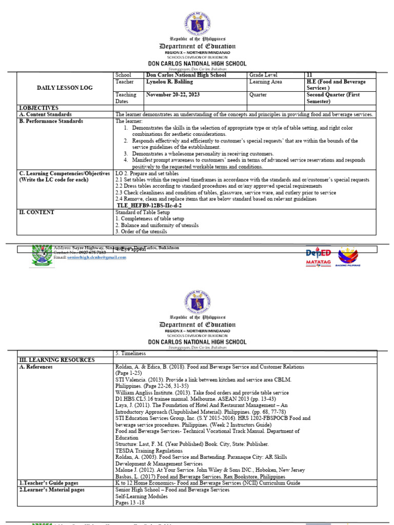 DLL Prepare Set Tables | PDF
