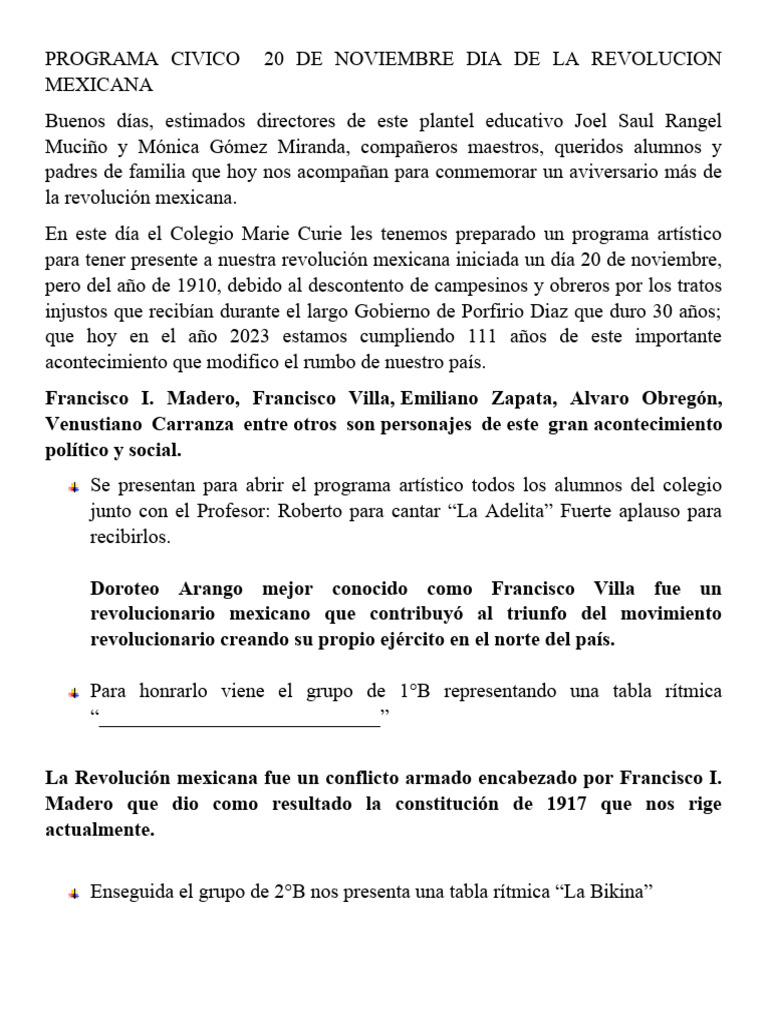 Programa Civico 20 de Noviembre Dia de La Revolucion Mexicana | PDF
