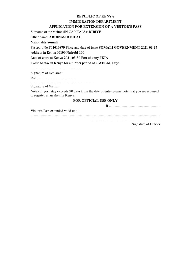 Republic of Kenya Immigration Department Application For Extension of A ...