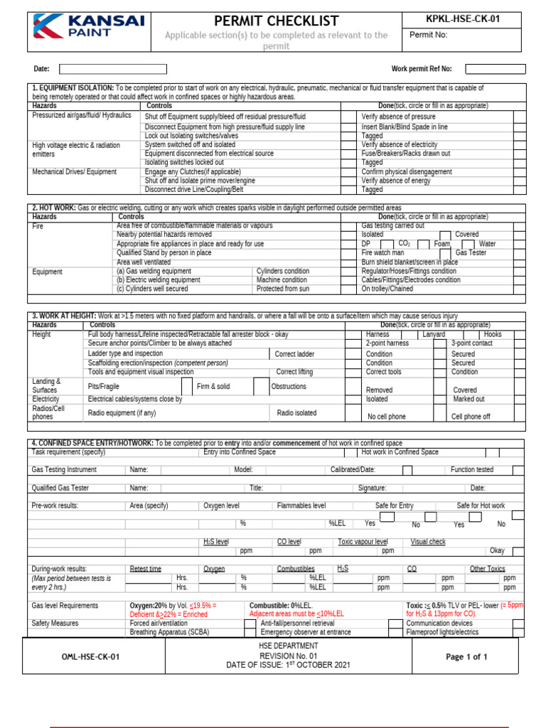 [KPKL-HSE-CK-01] - Permit To Work Checklist | PDF