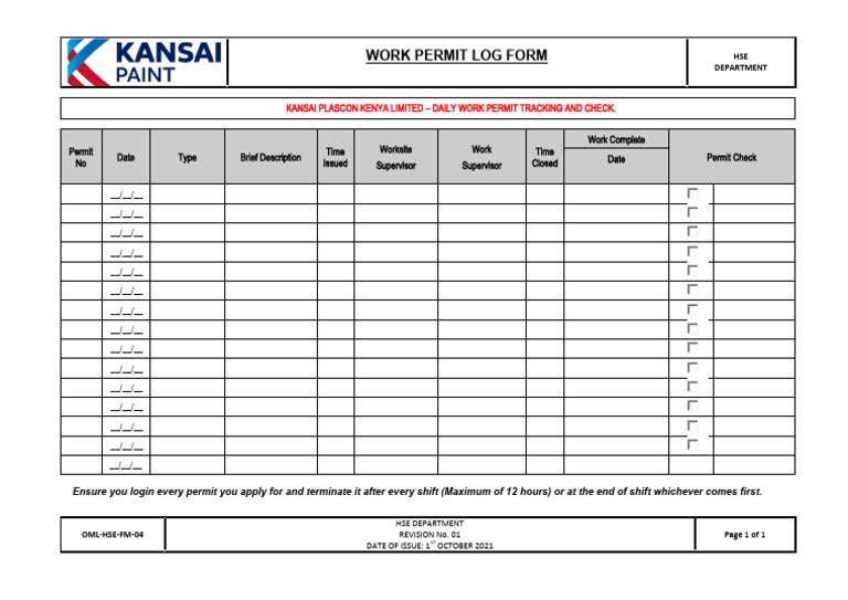 (KPKL-HSE-FM-04) - Work Permit Log Form | PDF