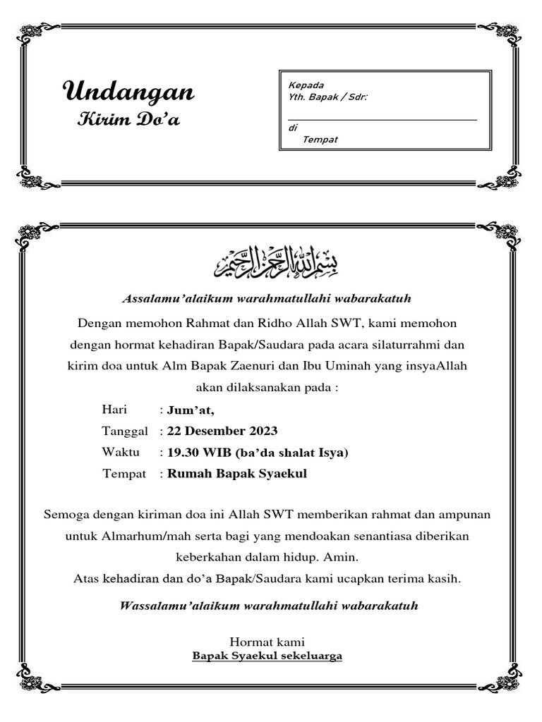 Undangan Silaturahmi Dan Kirim Doa Keluarga Pak Zaenuri Dan Ibu Uminah | PDF