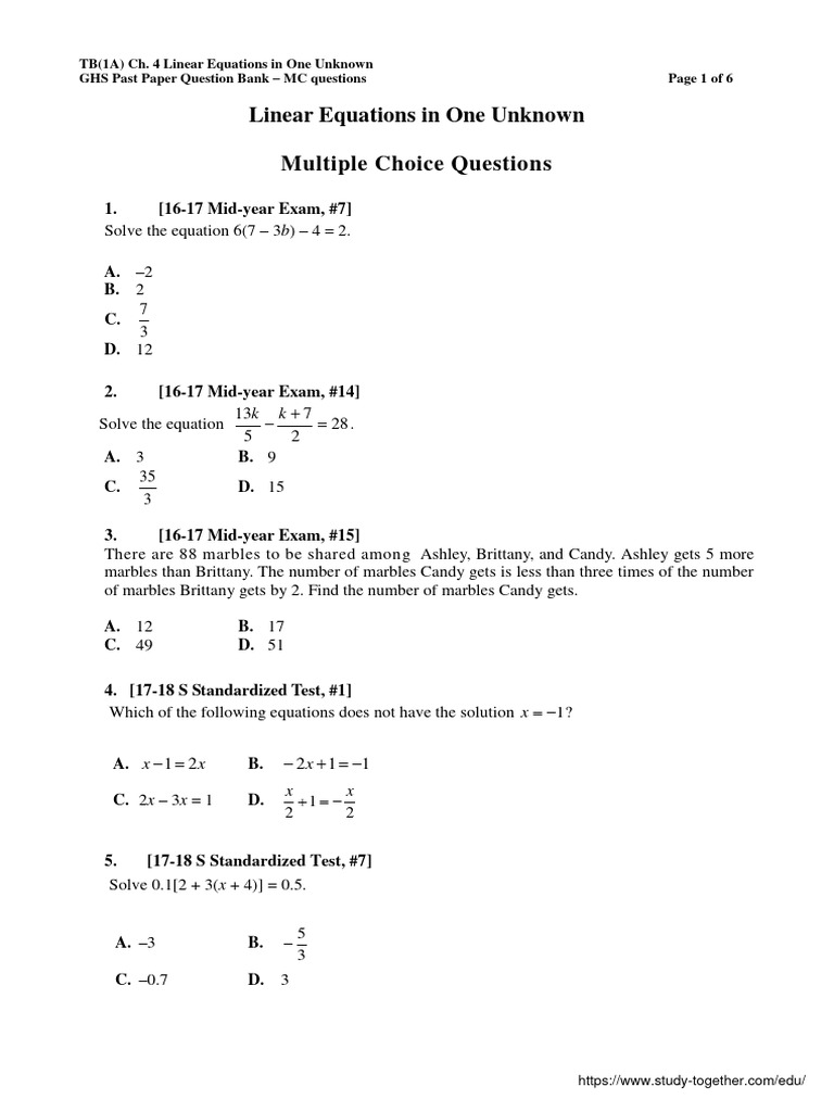 Linear Equations Mcq Bank Pdf Equations System Of Linear Equations