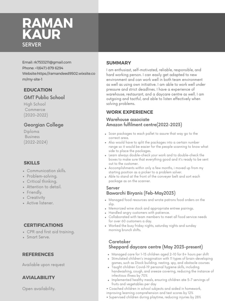 Grey and White Minimalist Professional Resume | PDF | Child Care