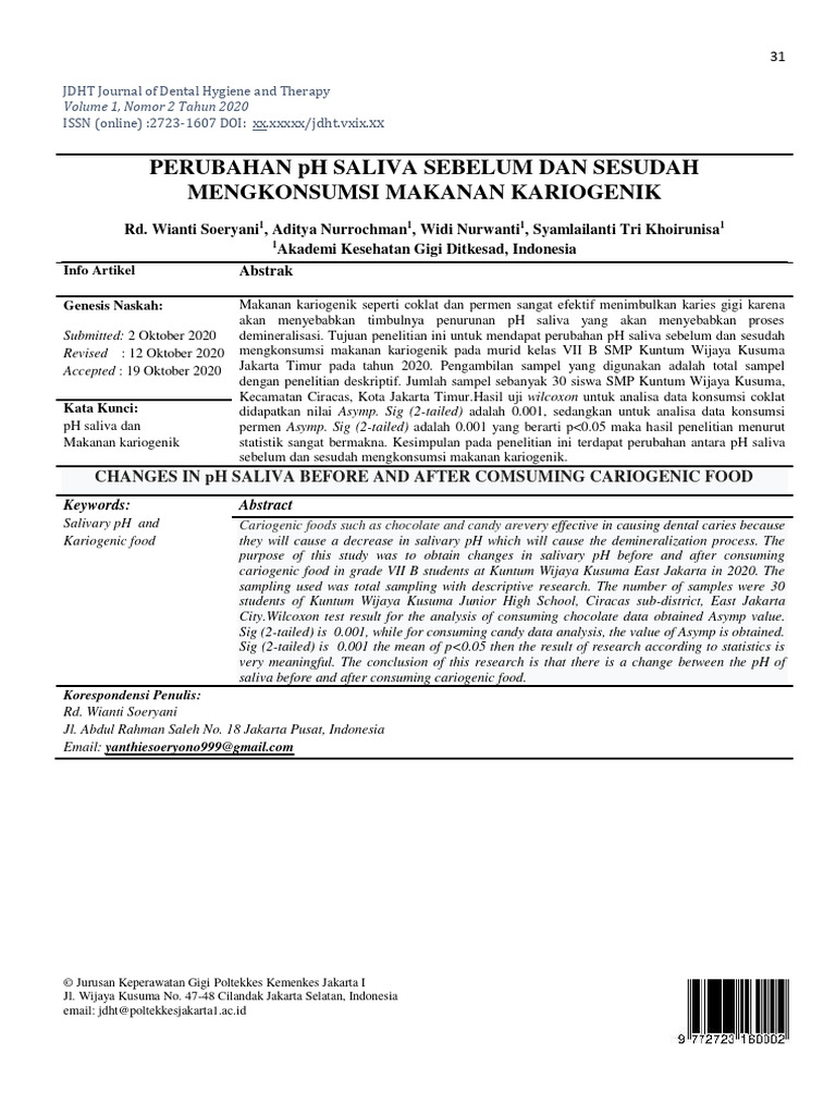 Soeryani 2020 Perubahan PH Saliva | PDF