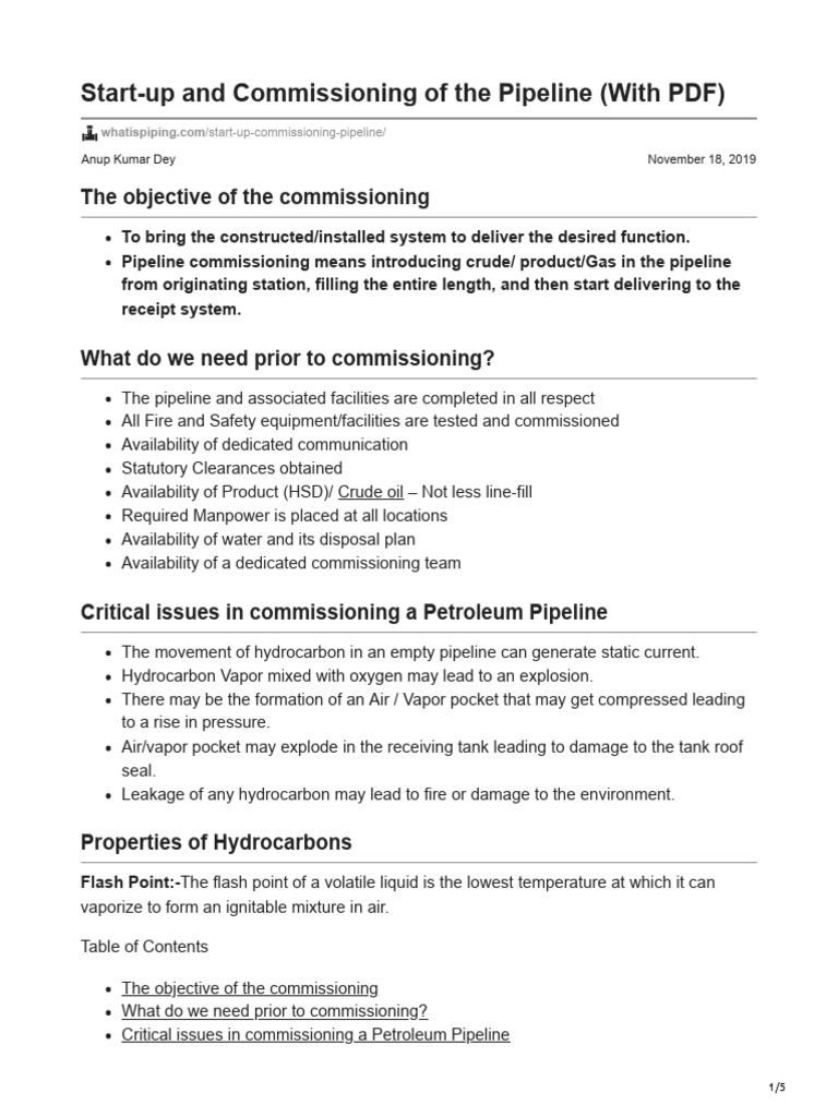 Start-Up and Commissioning of The Pipeline With PDF | PDF