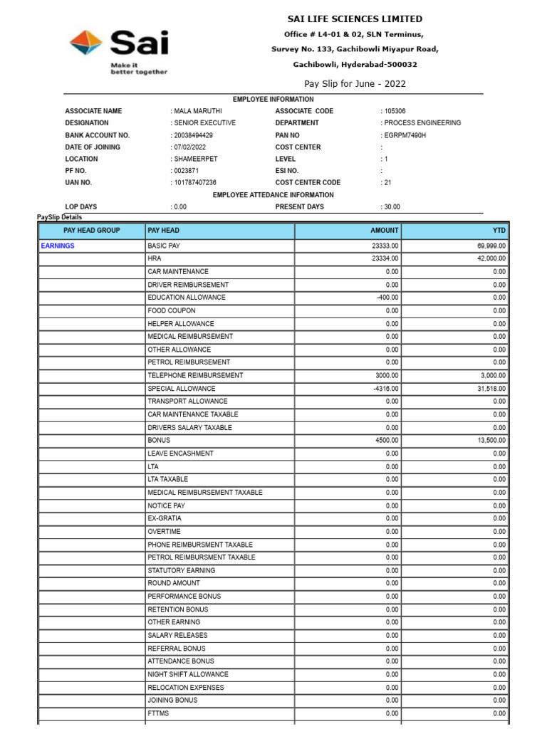 Payslip Jun2022 | PDF | Tax Deduction | Employee Benefits