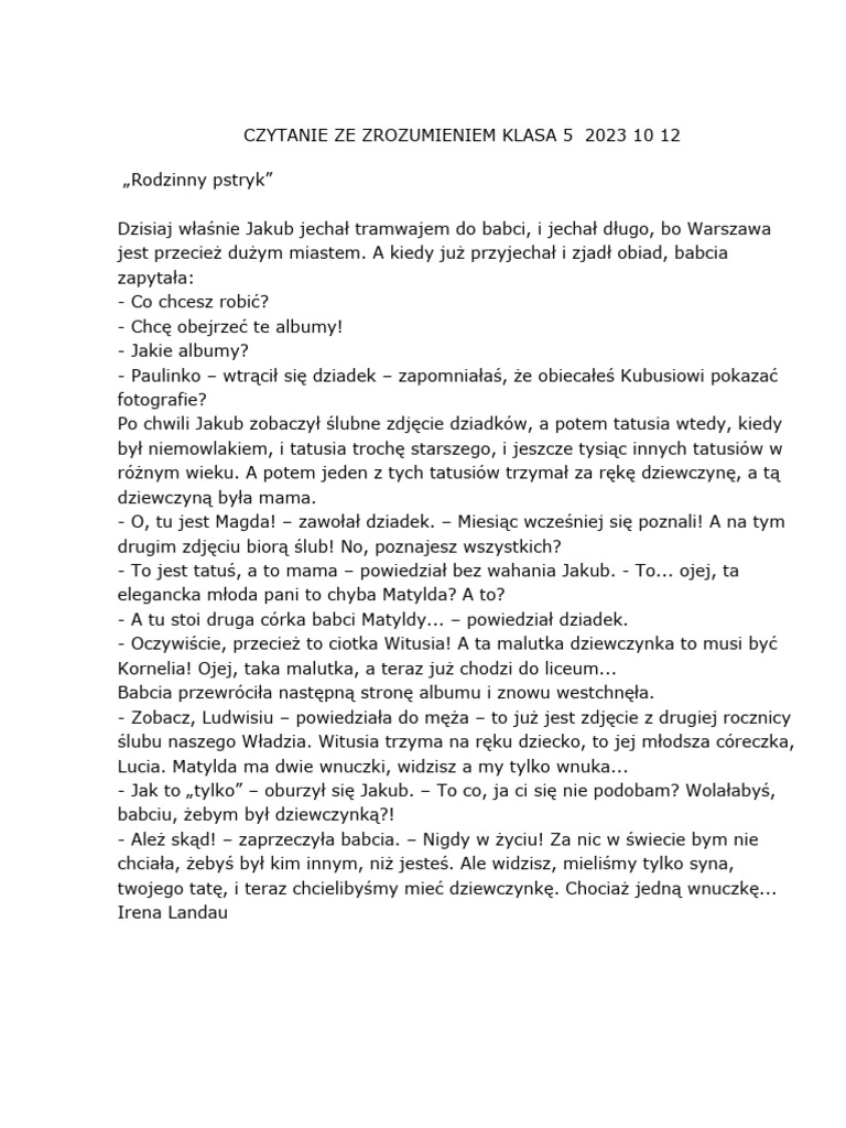 CZYTANIE ZE ZROZUMIENIEM KLASA 5 2023 10 12 | PDF