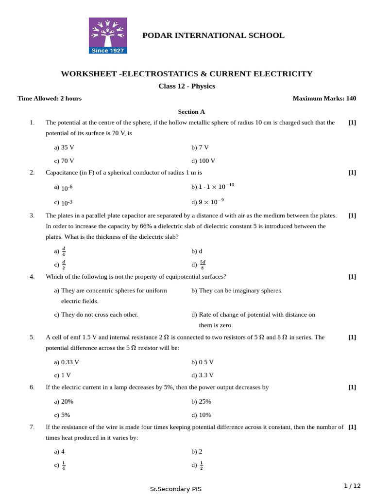 Class 12 Physics Worksheet | PDF