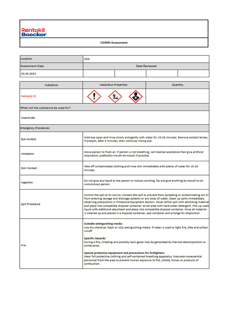 COSHH Assessment v1 - Demand CS | PDF