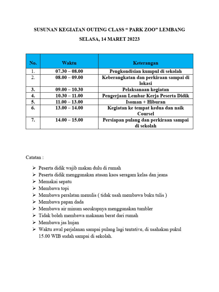 Susunan Kegiatan Outing Class | PDF