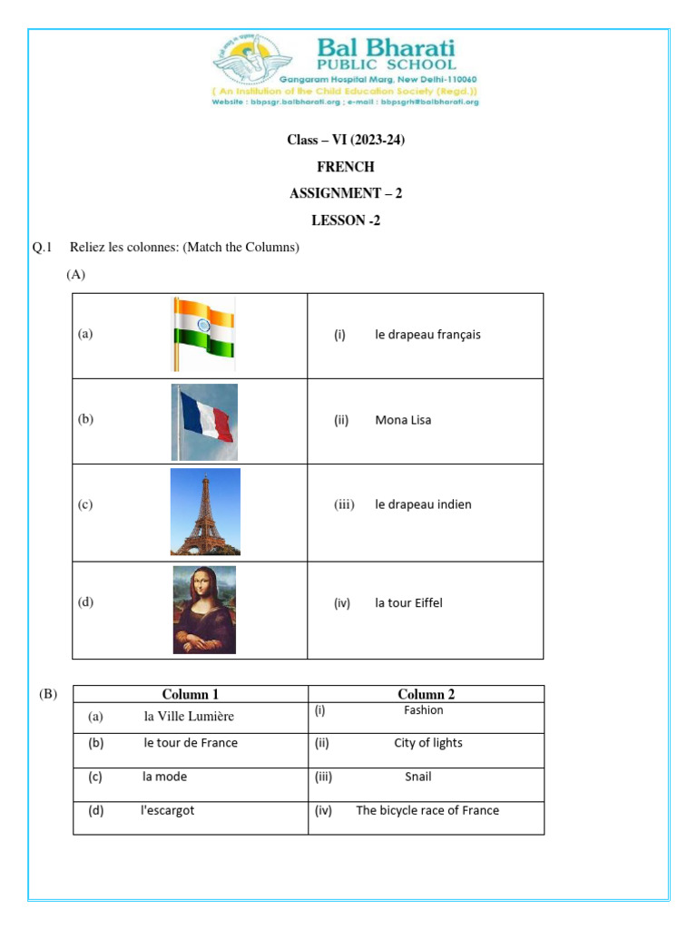 BBPSGRH Class 6 French Assignment 2 L2 2023-24 | PDF