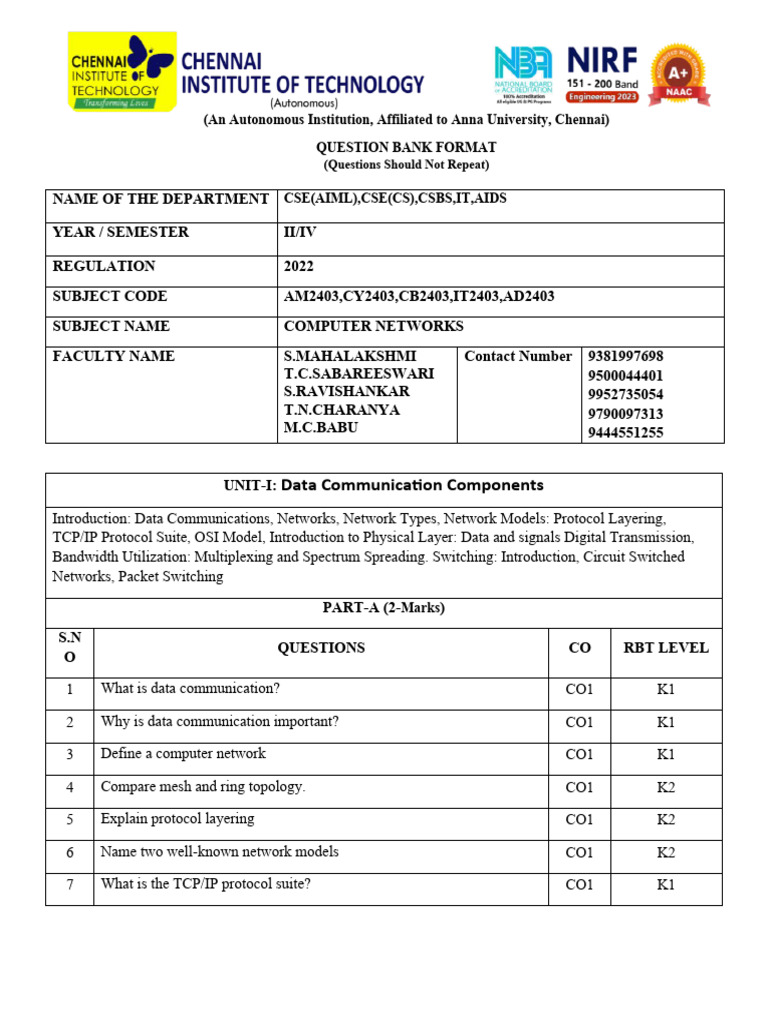 CS2403 Computer Networks Question Bank | PDF | Computer Network ...