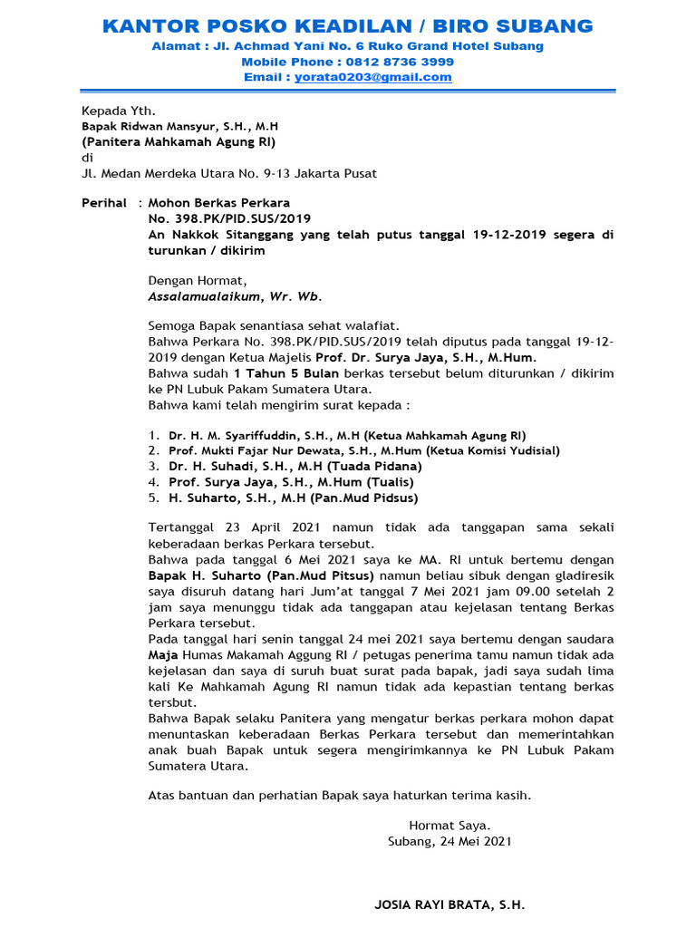 Surat Permohonan Peninjauan Kembali Putusan 24 Mei 2021 | PDF Surat Permohonan Peninjauan Kembali Putusan 24 Mei 2021 | PDF