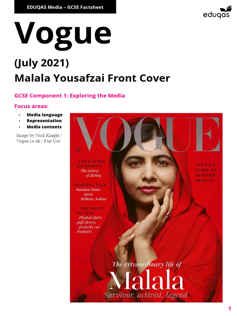 Vogue July 2021 Malala Gcse Factsheet - 1 | PDF | Vogue (Magazine) | Malala Yousafzai