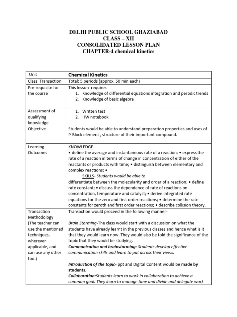 Class 12 Chemical Kinetics Lesson Plan | PDF